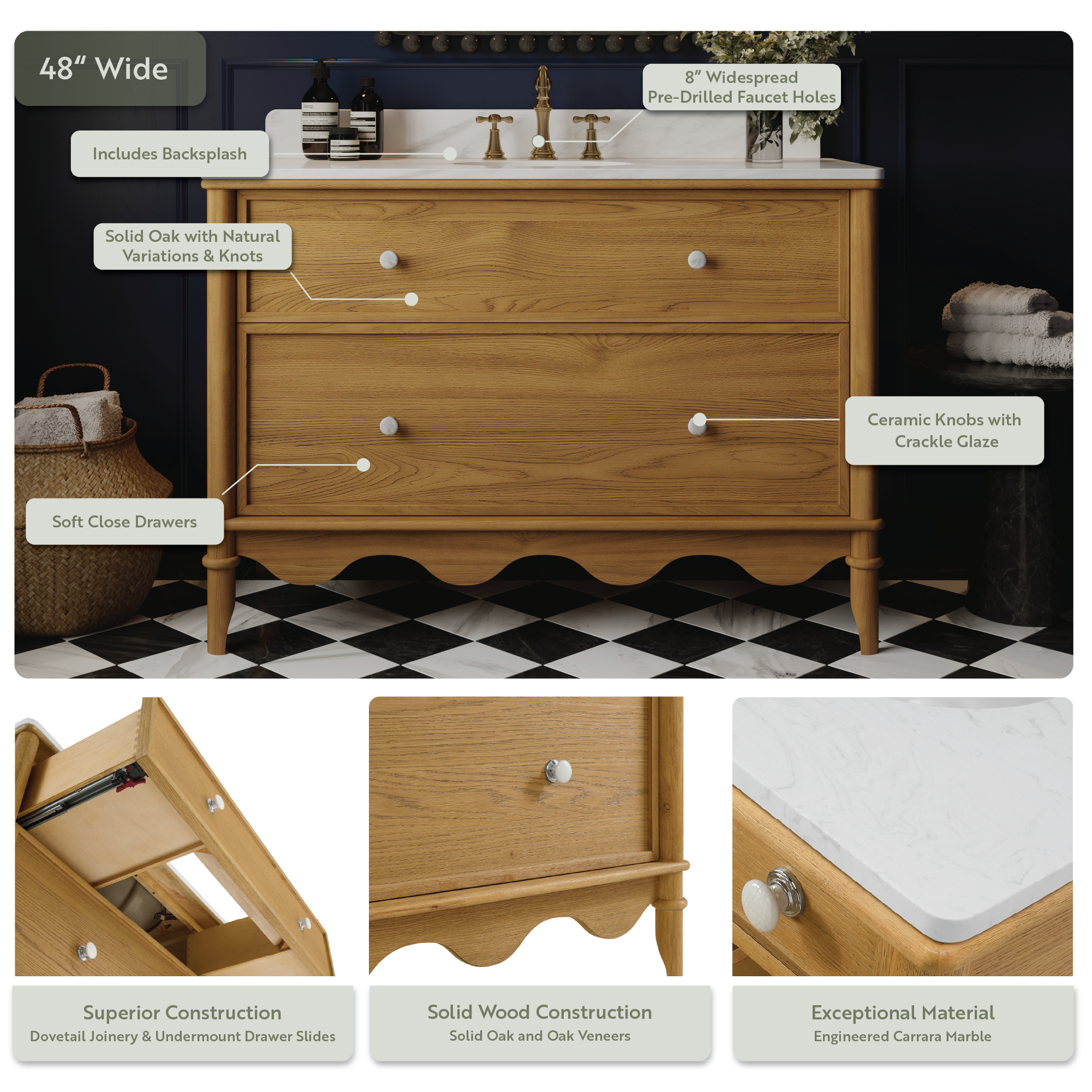 Juliette 48"W Scallop Single Bathroom Vanity | Enhanced Natural Oak |C ...