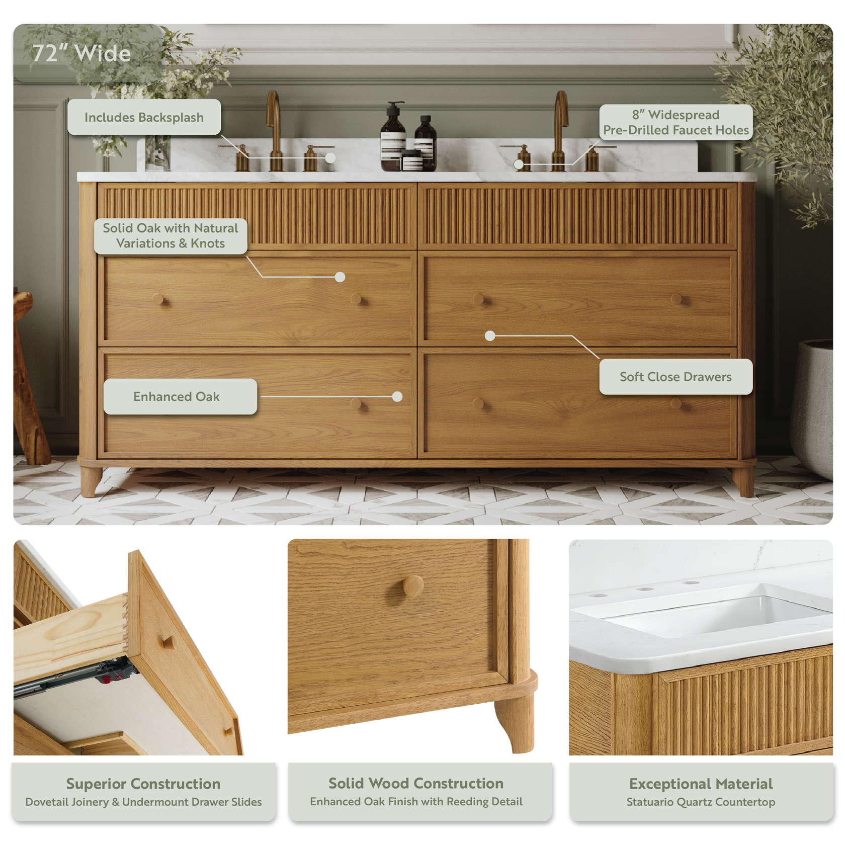 Kathryne 72" Double Sink Bathroom Vanity | Statuario Quartz Countertop ...