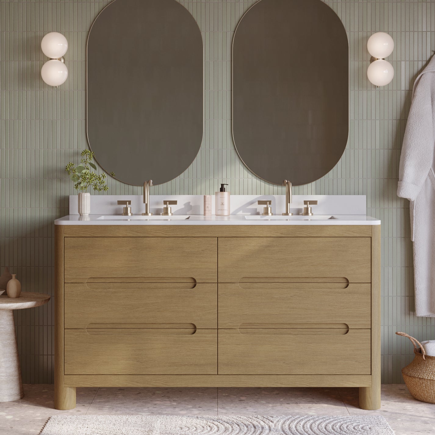 Oslo 60" Modern Oak Double Bathroom Vanity | White Quartz Countertop ...