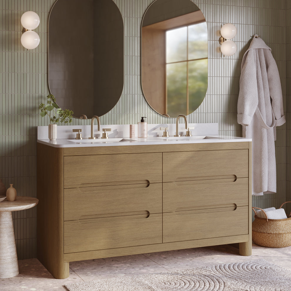 Oslo 60" Modern Oak Double Bathroom Vanity | White Quartz Countertop ...