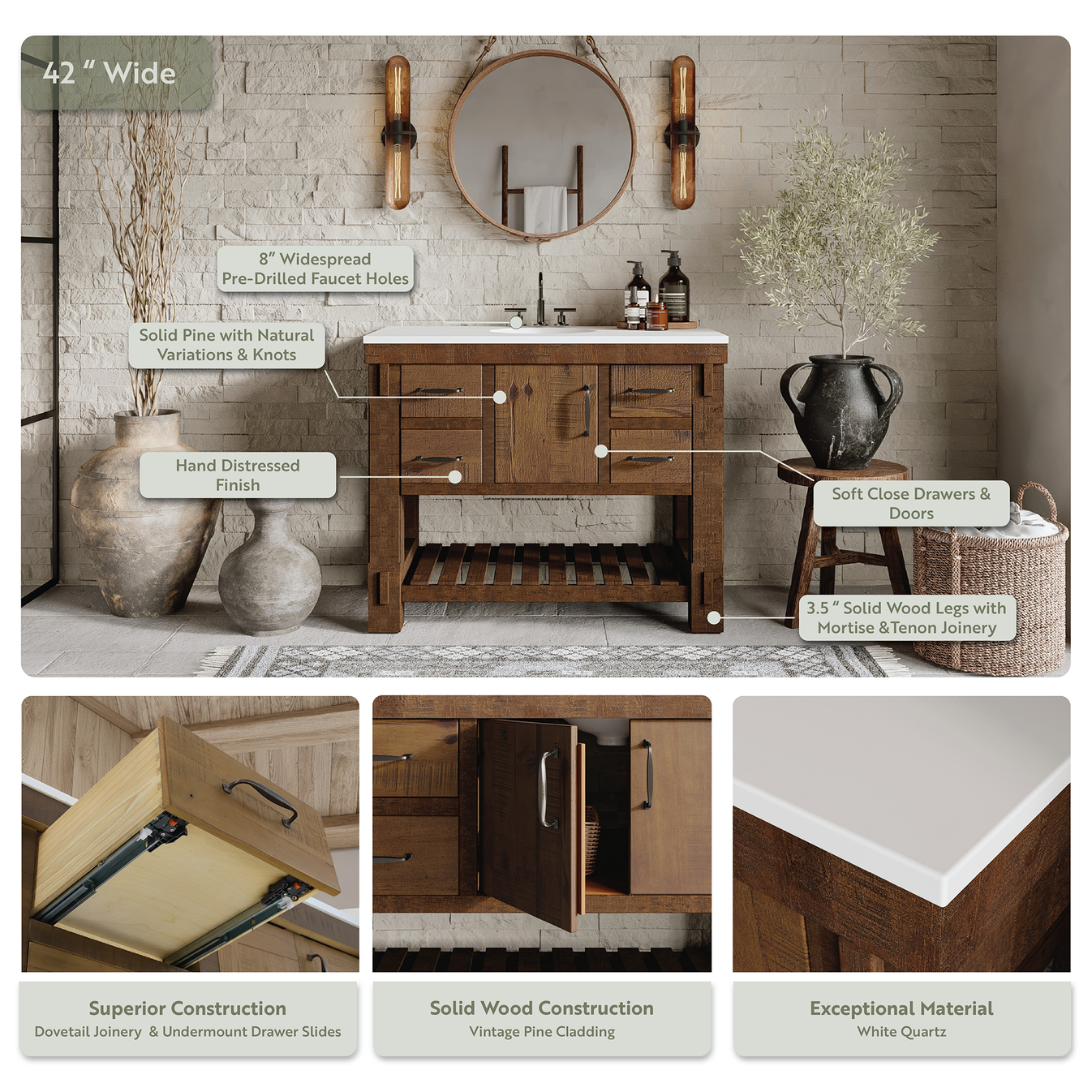 Telluride 42" Single Bathroom Vanity | White Quartz Countertop ...