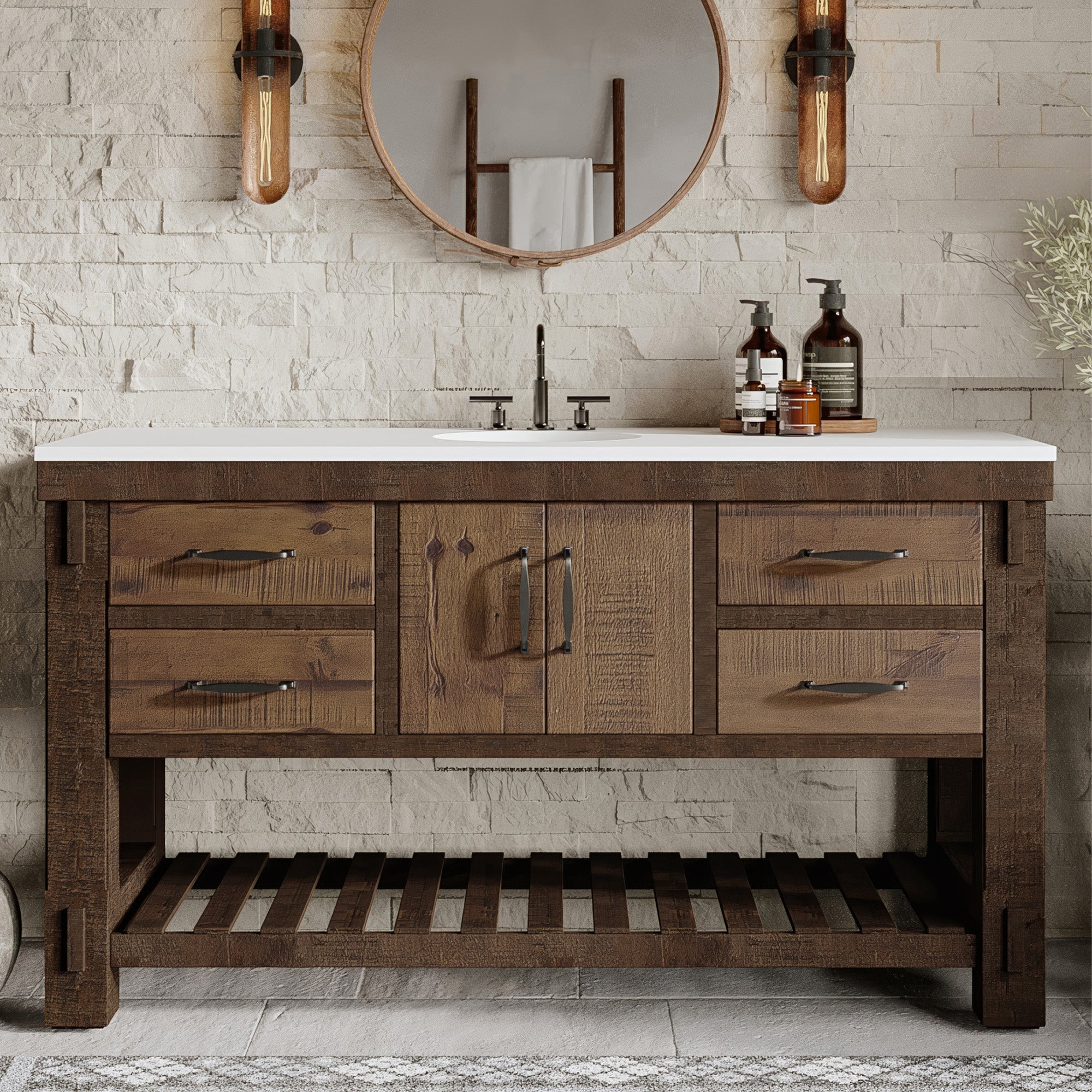 Telluride 60" Single Sink Bathroom Vanity | White Quartz Countertop ...